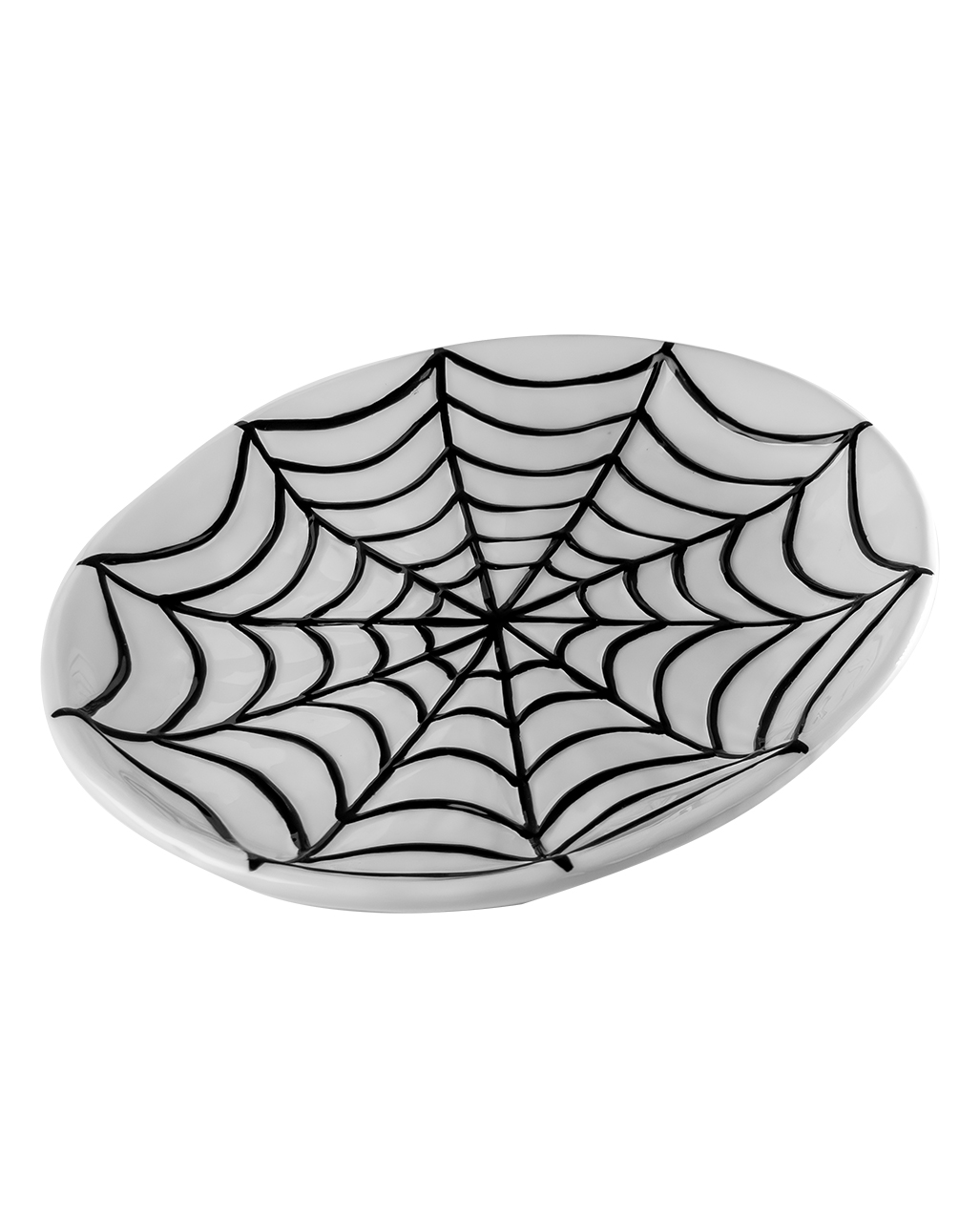 White Oval Ceramic Plate with Spider Web Design 23cm | - Karneval Universe