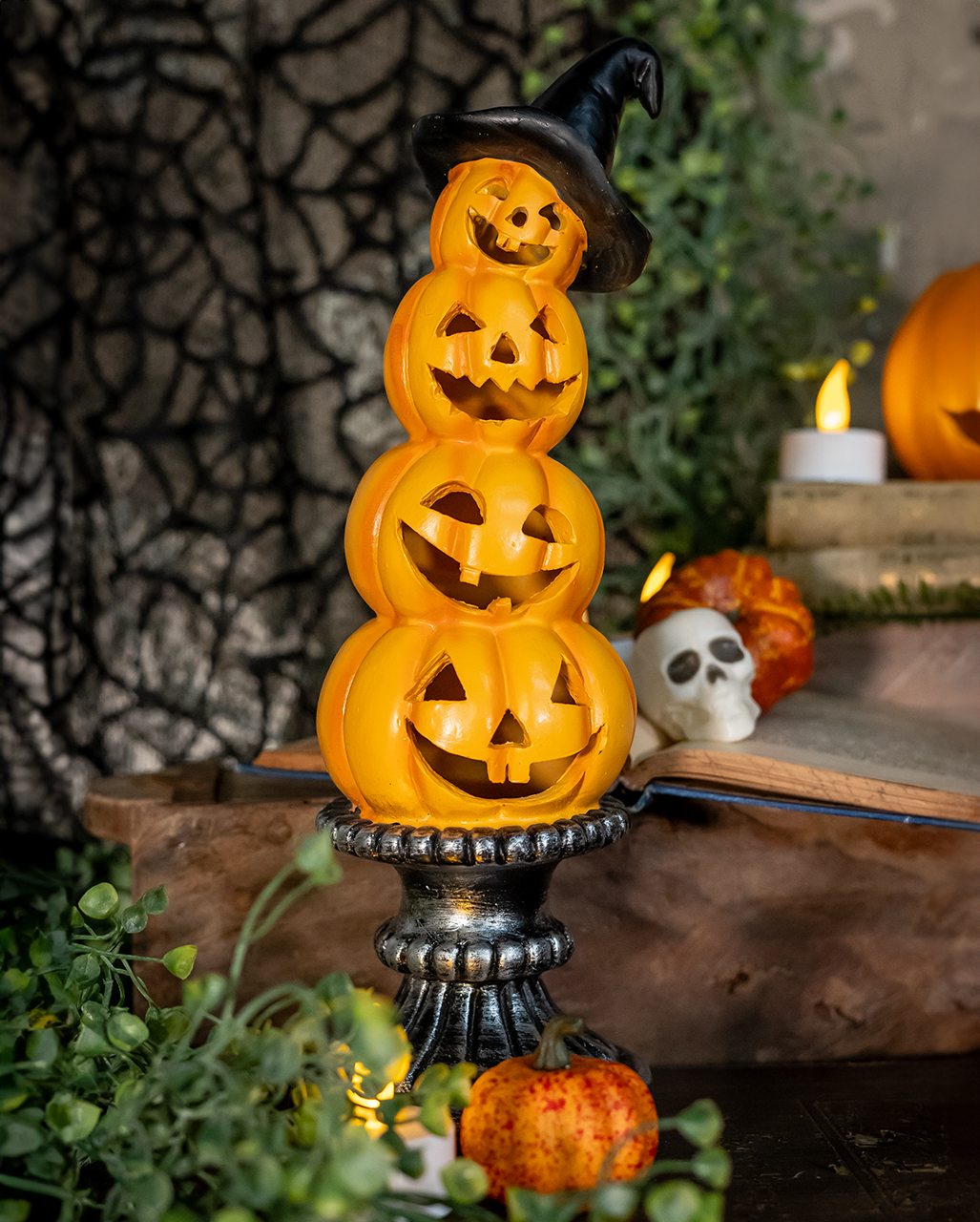 Illuminated Pumpkin Tower With Column & Witch's Hat 28.5cm ...