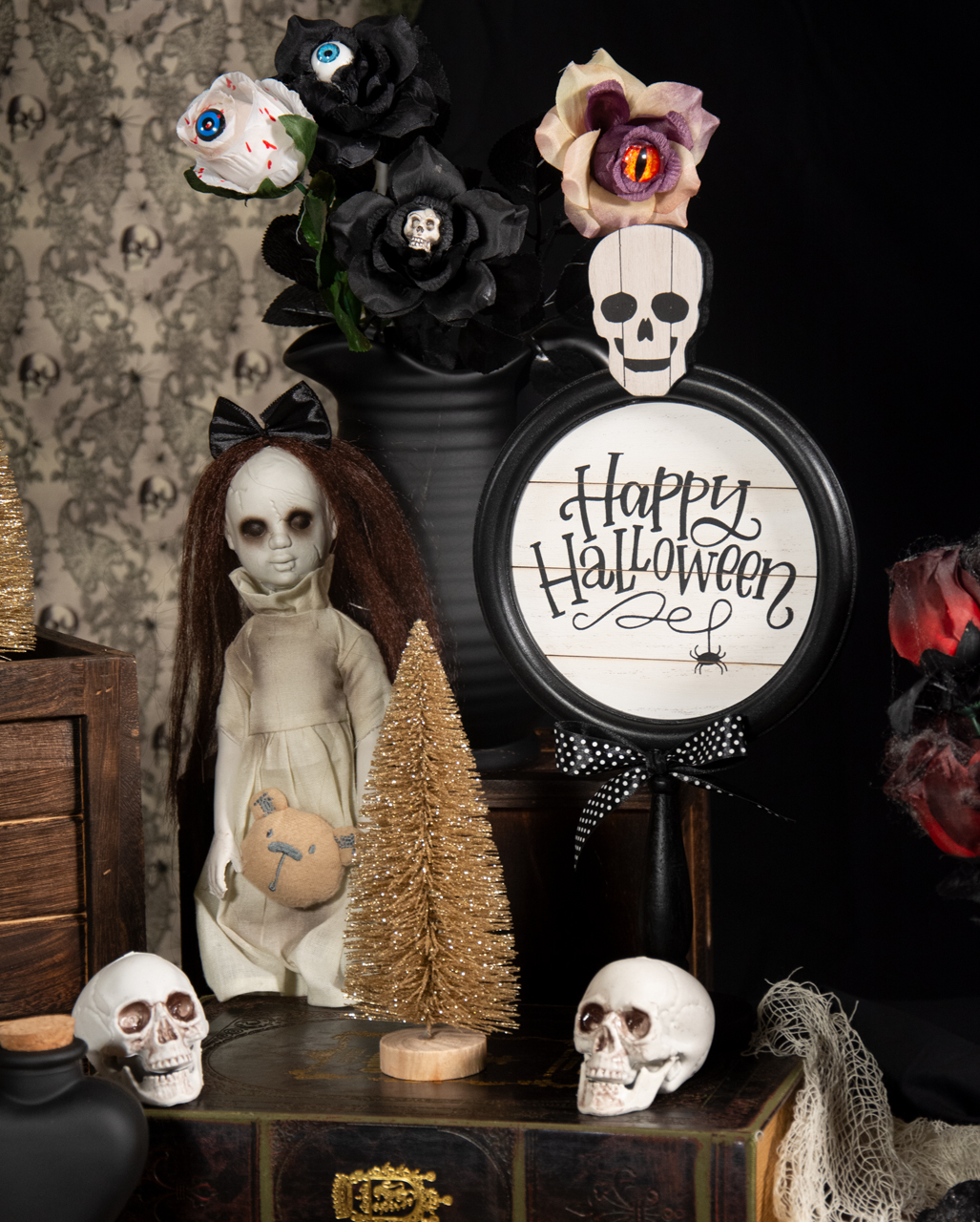 Happy Halloween Tischaufsteller mit Totenschädel 36cm ☠ | Karneval Universe