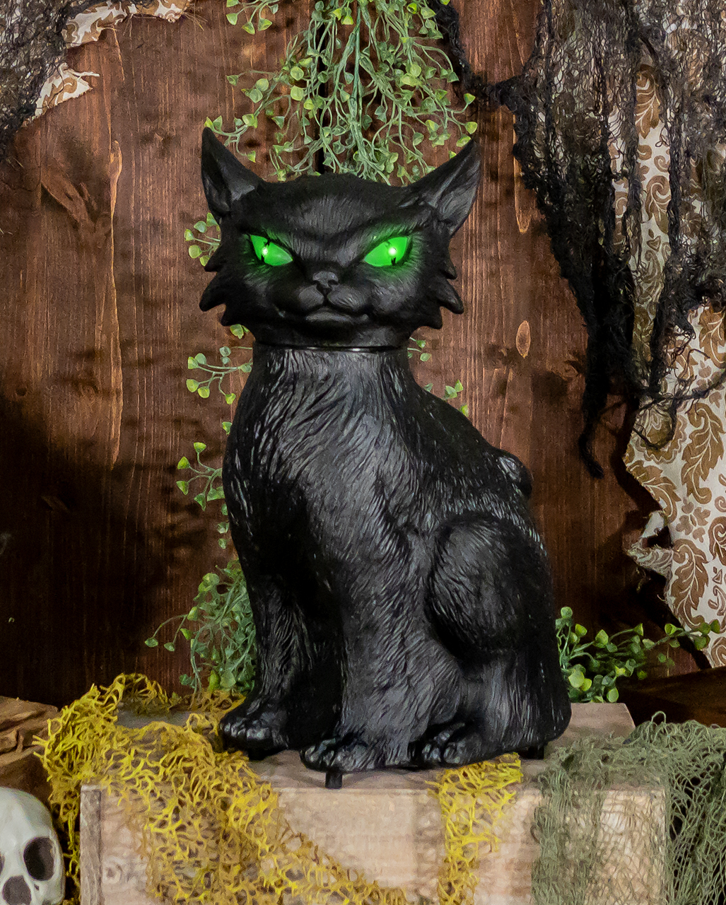 Schwarze Hexenkatze mit Bewegung, Licht & Ton 34cm Halloween Dekoration ...